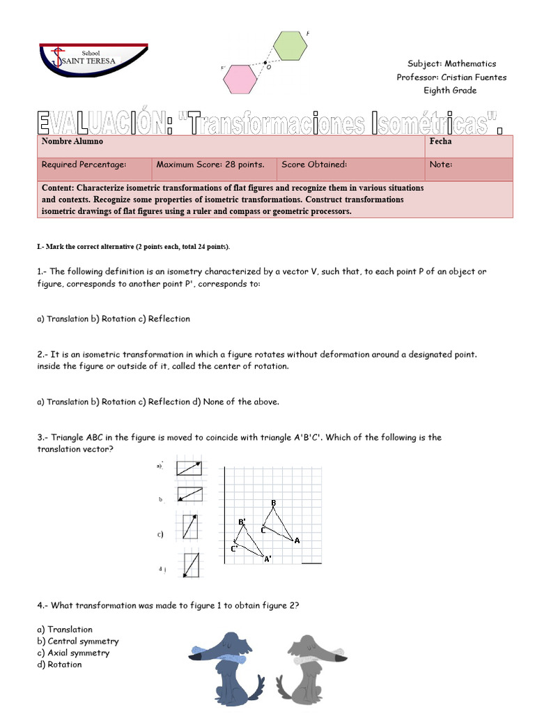 Test of Isometric Transformations 8° | PDF | Euclidean Geometry ...