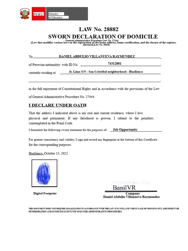 Sworn Declaration of Residence | PDF