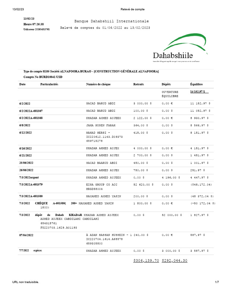 Relevé de compte Dahabshiil 2022-2023 | PDF | Bancaire | Banques