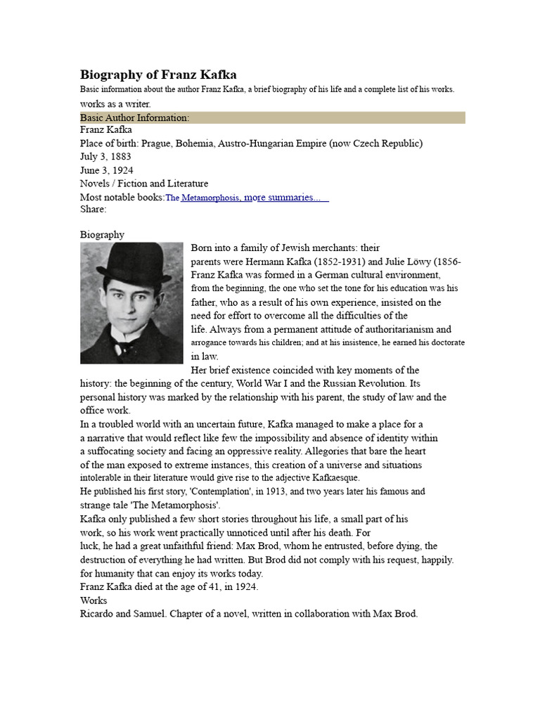 Franz Kafka: Life and Works Overview | PDF | Franz Kafka