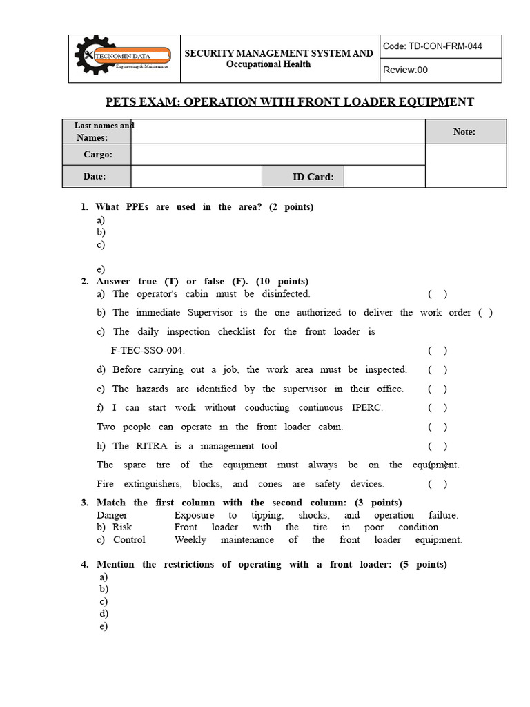Front Loader Operation Exam | PDF