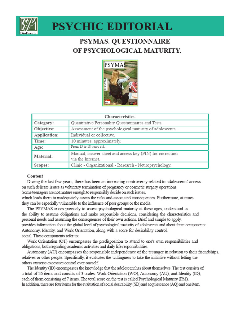 Adolescent Psychological Maturity Test | PDF | Adolescence | Psychology