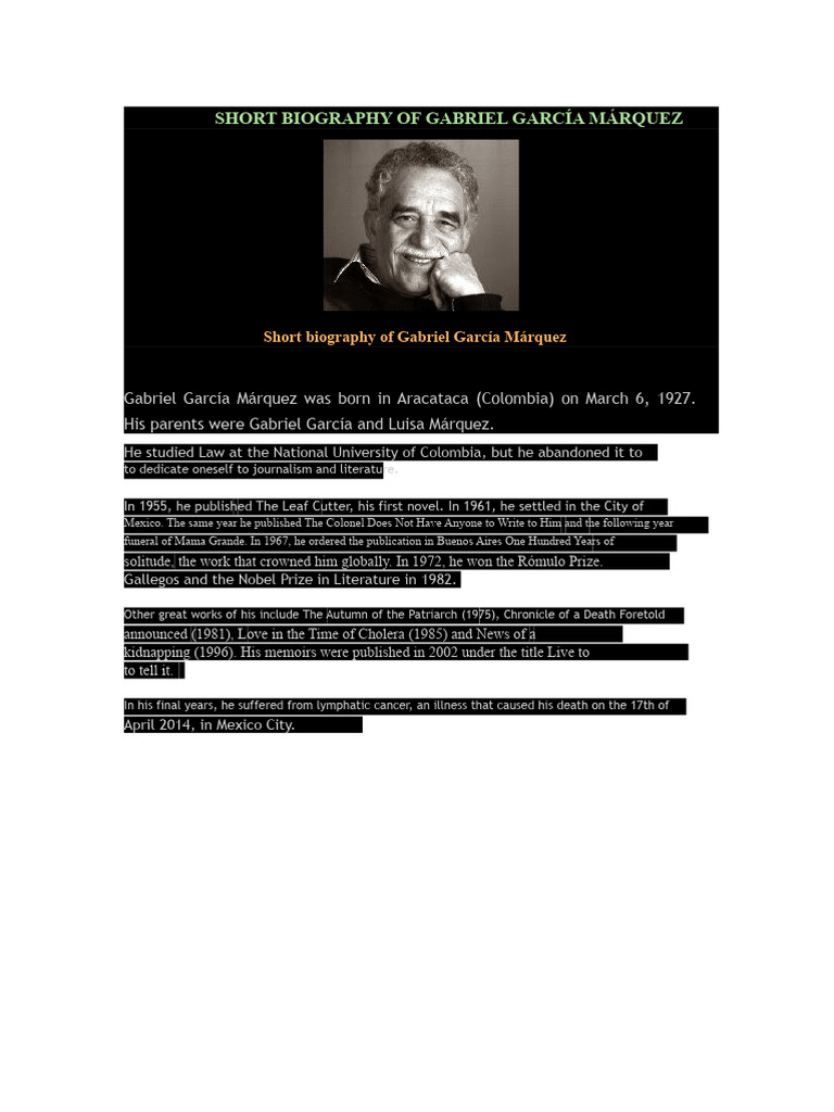 Short Biography of Gabriel García Márquez | PDF