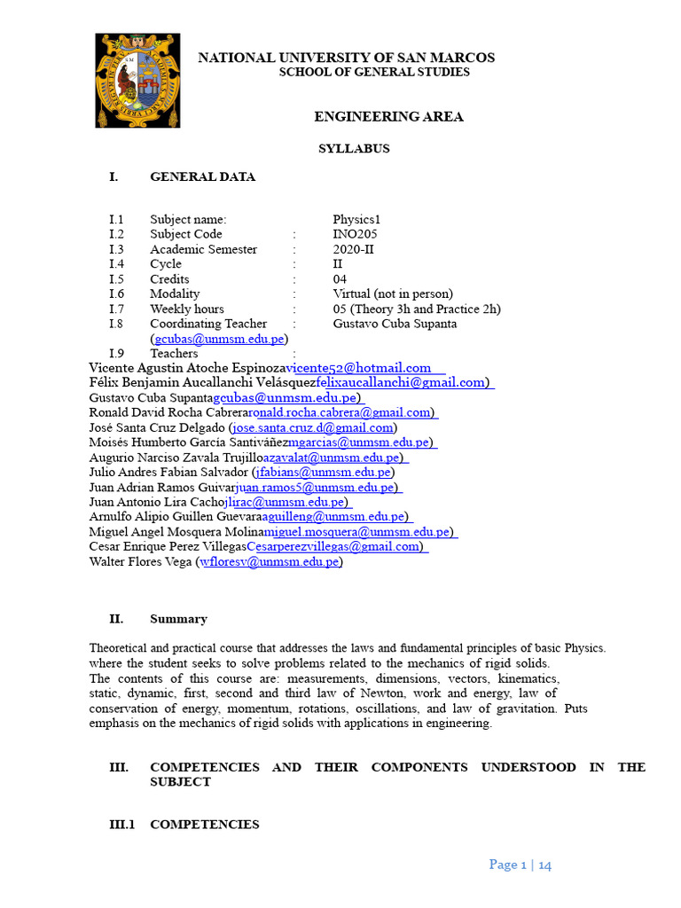 Engineering Syllabus of Physics 1 - Approved | PDF | Thought | Knowledge