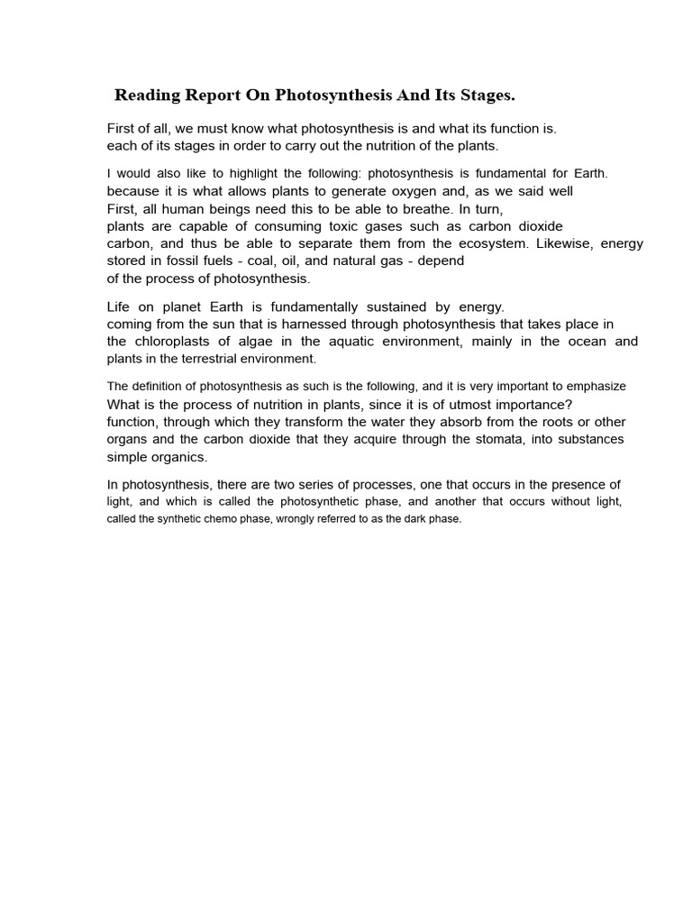 Report On Photosynthesis Reading. | PDF | Photosynthesis | Plants
