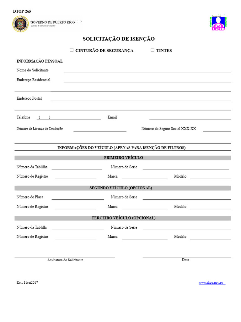 Solicitação de Isenção DTOP-DIS-265 | PDF
