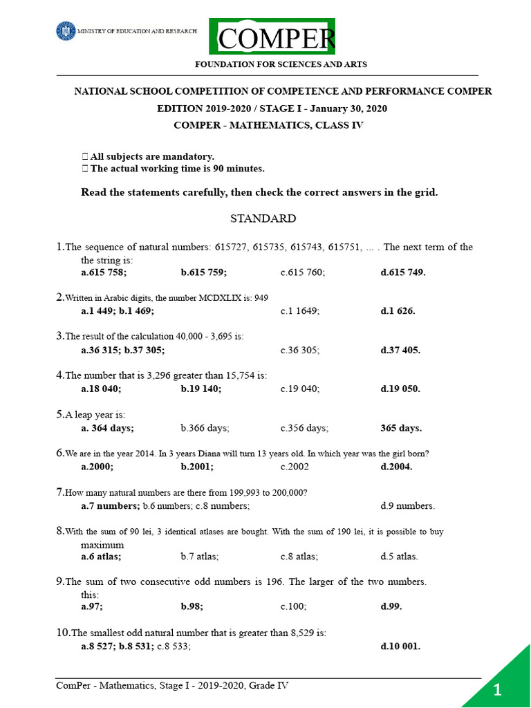 Subject-Competition-Mathematics-Stage I-2019-2020-Grade IV | PDF ...
