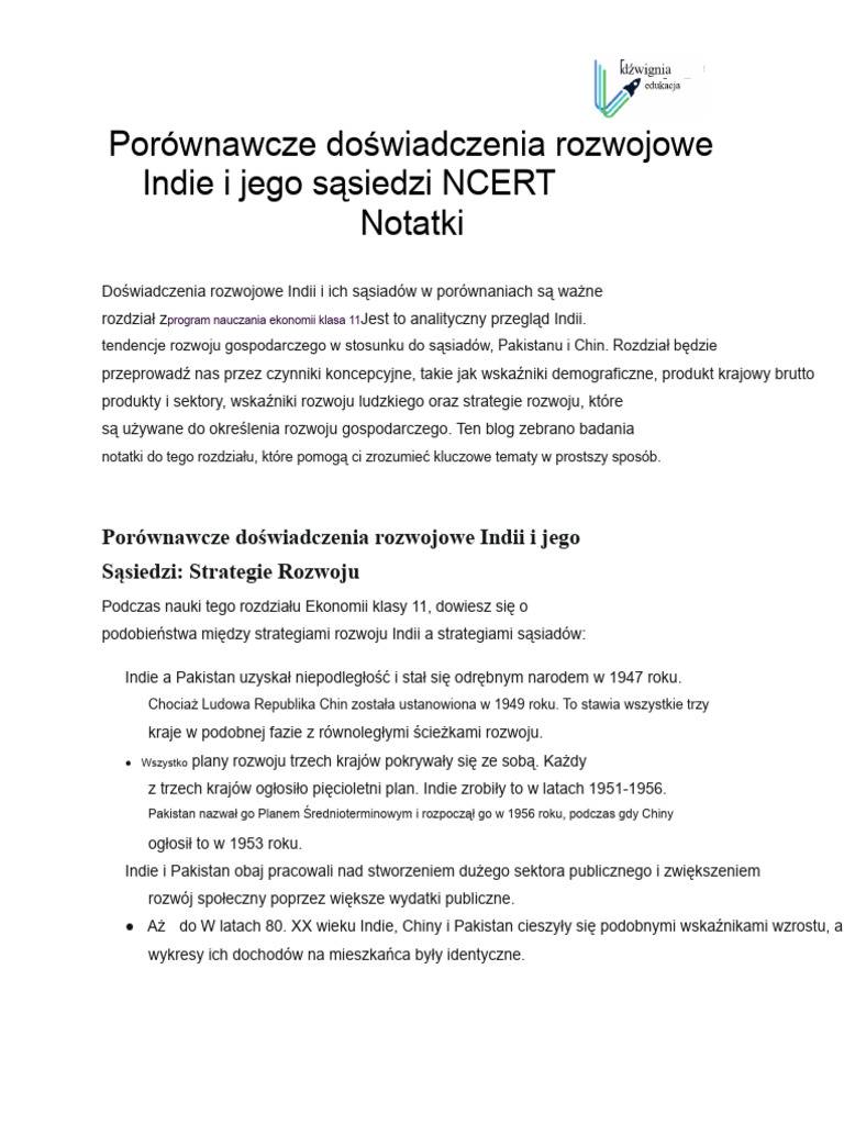 Porównawcze Doświadczenia Rozwojowe Indii I Jego Sąsiadów - Notatki ...
