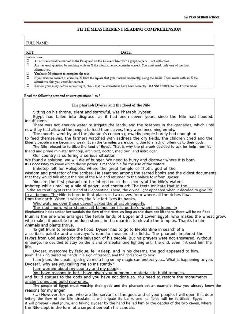 READING COMPREHENSION ASSESSMENT 2nd YEAR OF HIGH SCHOOL | PDF ...