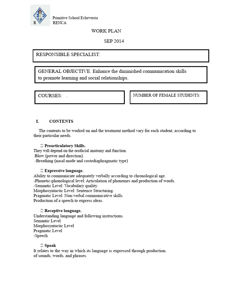WORK PLAN SEP Speech Therapy | PDF | Speech | Communication