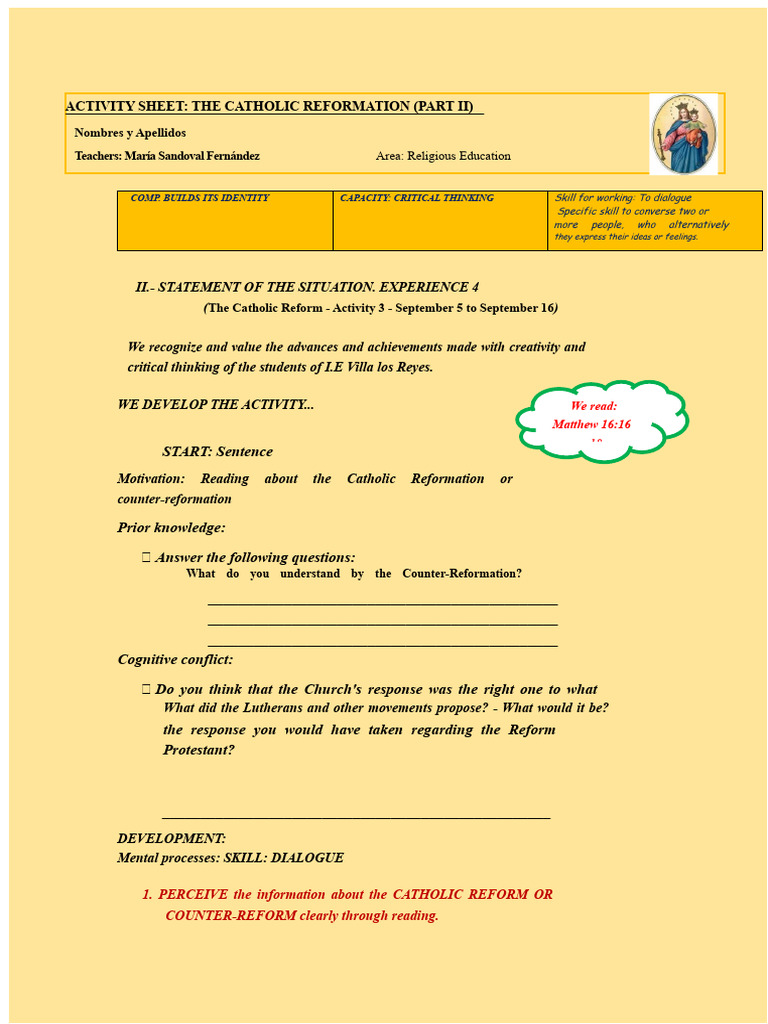 Activity Sheet 4TH Sec. Catholic Reform Ii Part | PDF | Counter ...