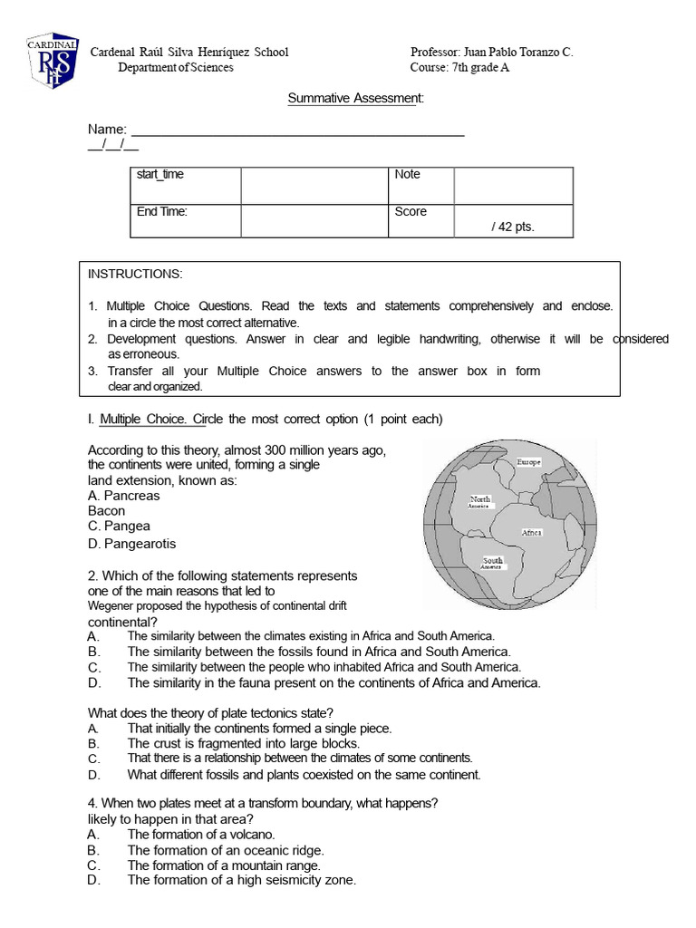 Summative Evaluation - Continental Drift and Tectonic Plates | PDF ...