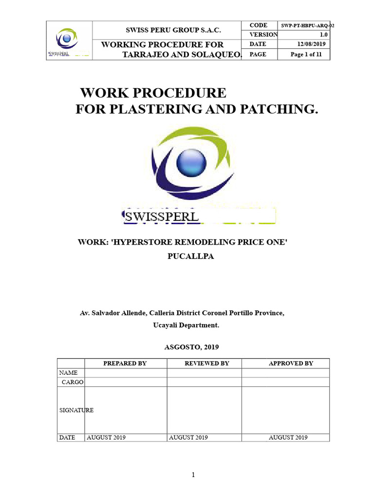 Swp-pt-hpup-Arq-02. Work Procedure For Plastering and Leveling Work ...