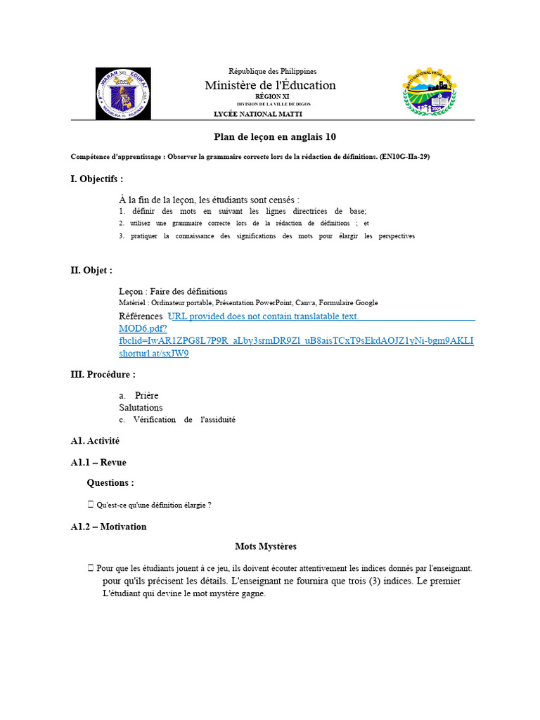Plan de Leçon en Anglais 10 - COT2 | PDF | Sujet (Grammaire) | Nombre ...