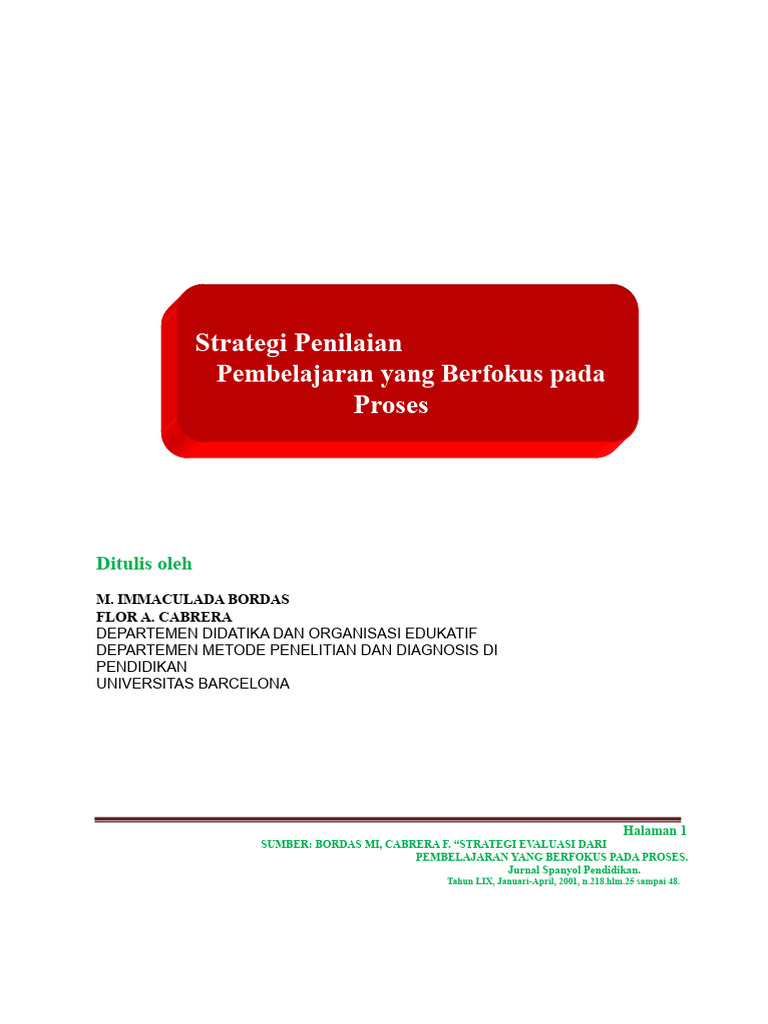 Bordas, M, Cabrera F (2001) Strategi Evaluasi Pembelajaran Yang Berfokus Pada Proses. | PDF