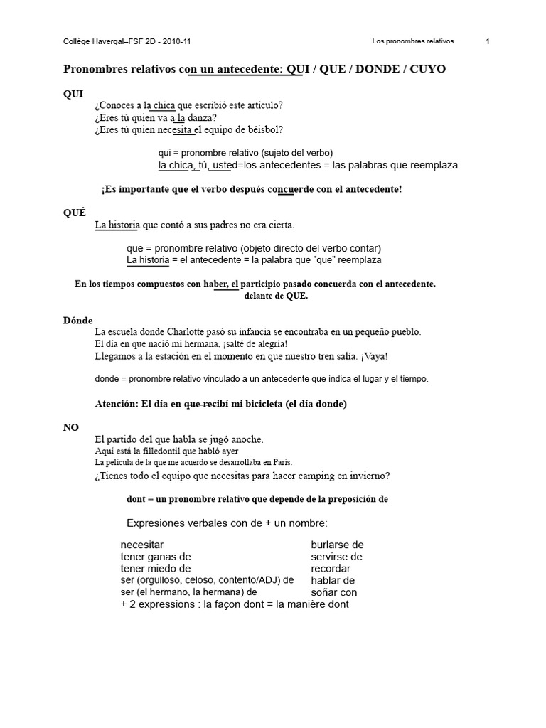 Los Pronombres Relativos - Quién, Qué, Dónde, Cuya | PDF | Asunto ...