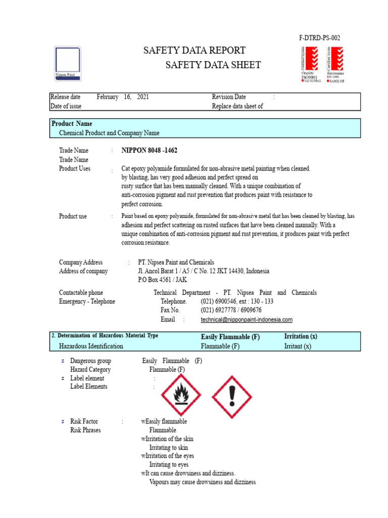 Safety Data Sheet for Nippon 8048 Paint | PDF | Personal Protective ...