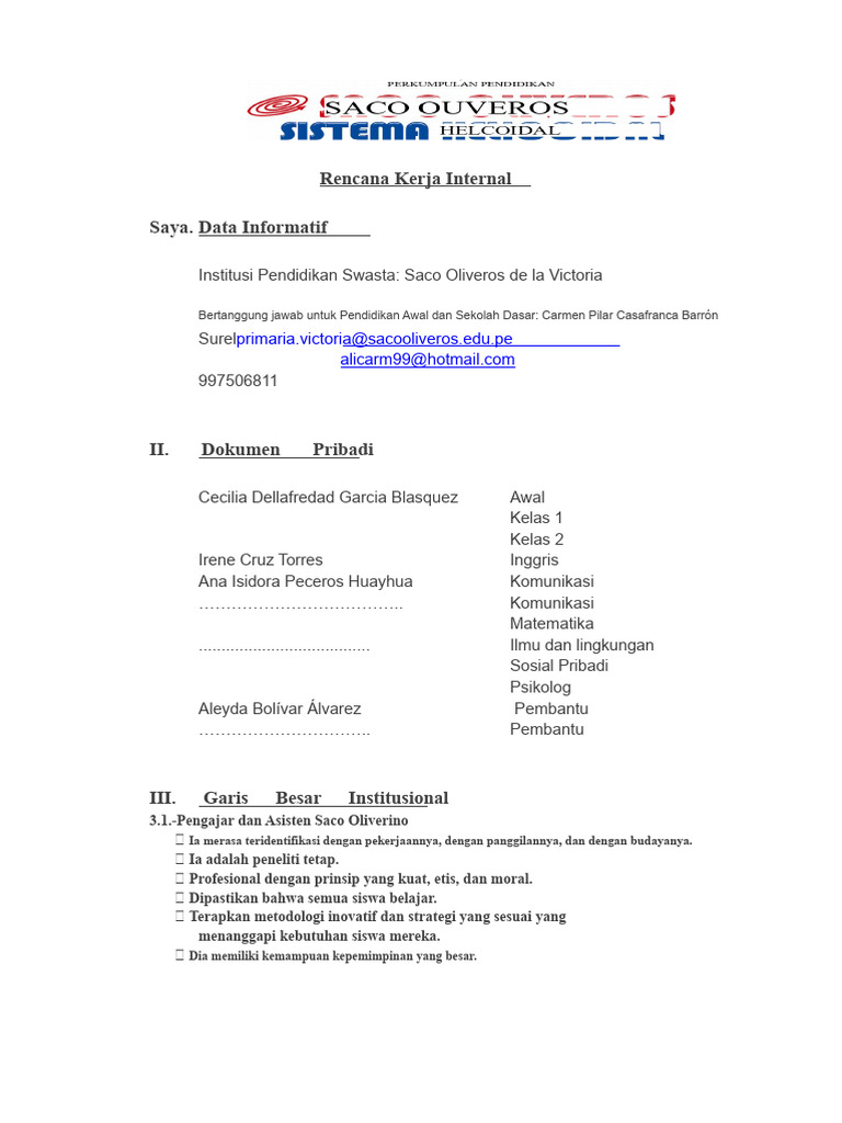 Rencana Kerja Internal Saco Oliveros | PDF