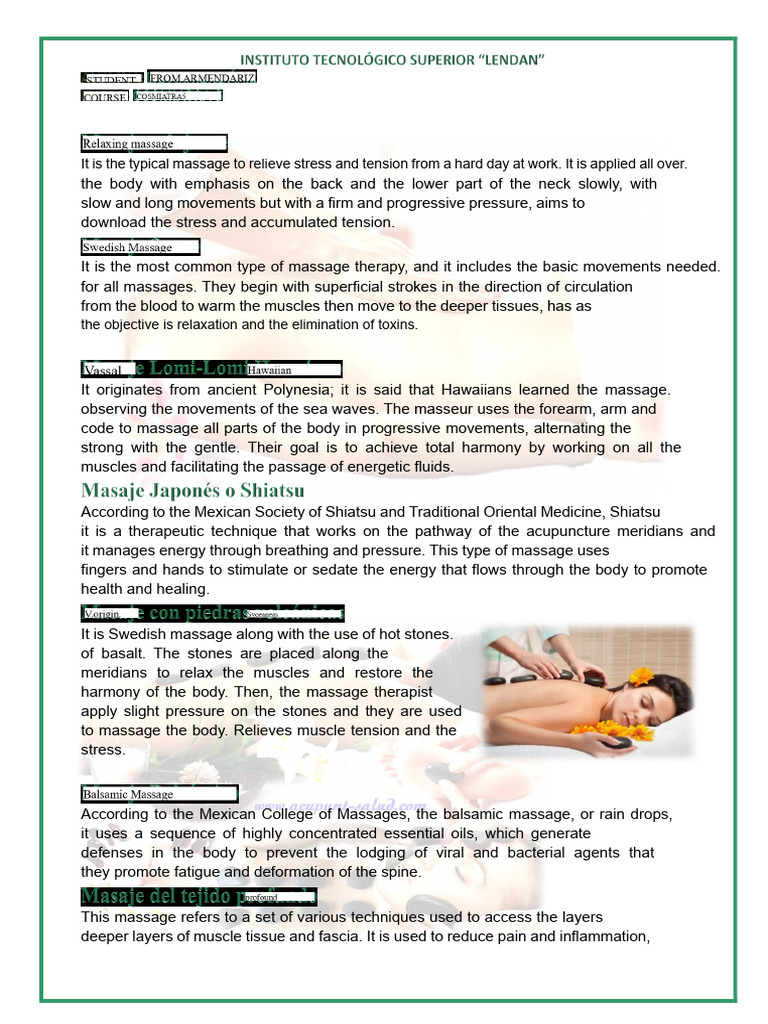 Types of Massages - LIZ | PDF | Massage | Medicine