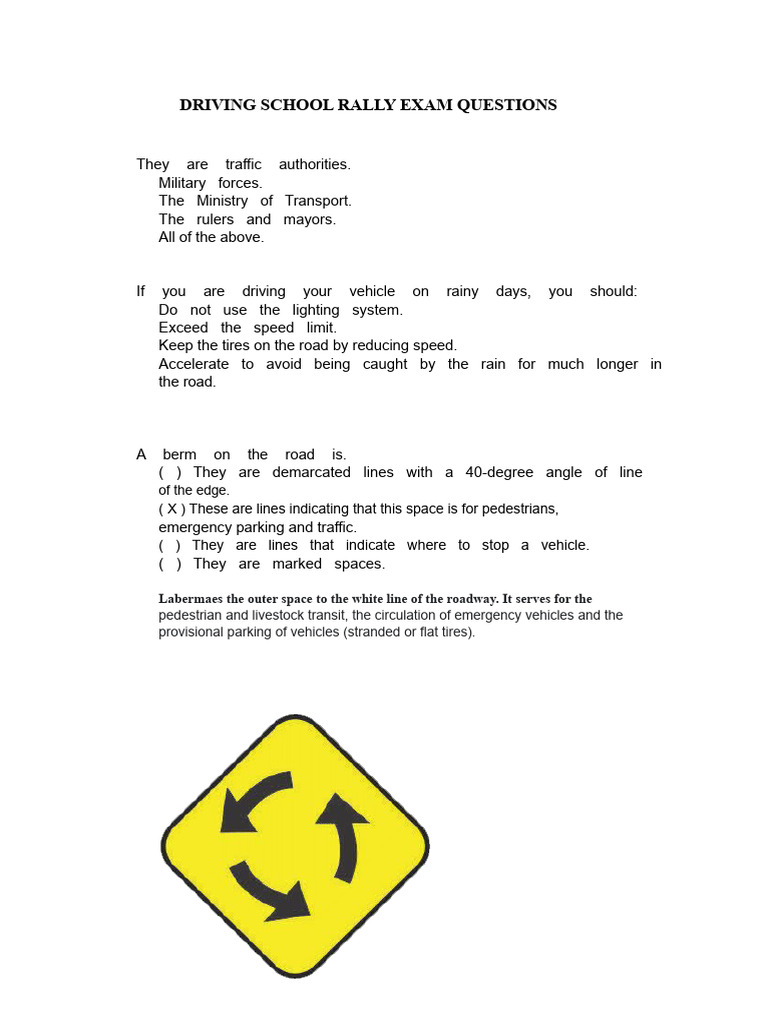 Driver's School Rally Exam Questions | PDF | Traffic | Driving