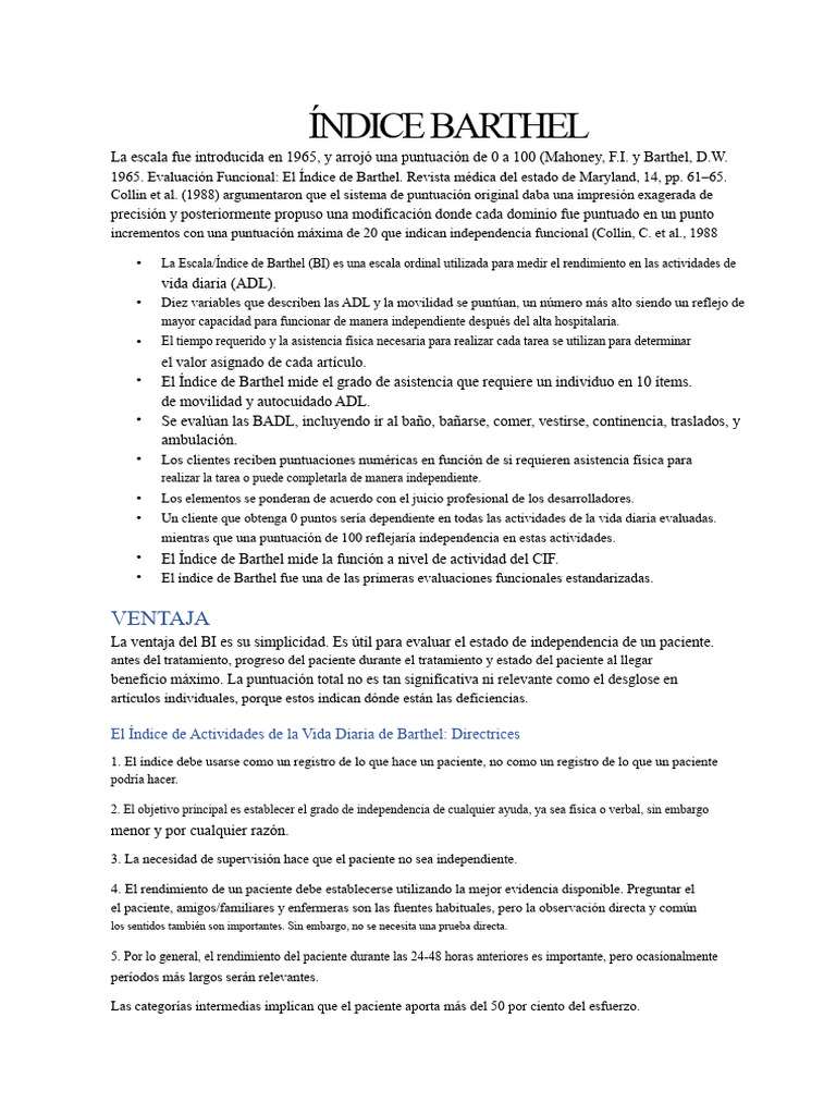 Índice de Barthel: Evaluación de ADL | PDF