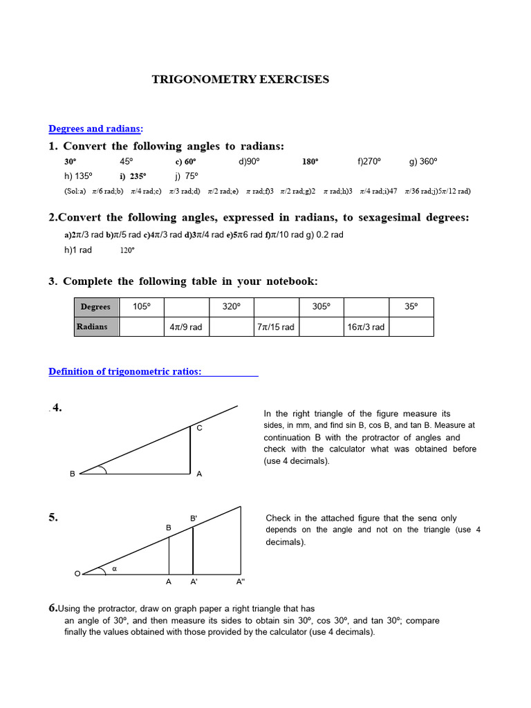 Trigonometry Exercises: 3. Complete The Following Table in Your ...