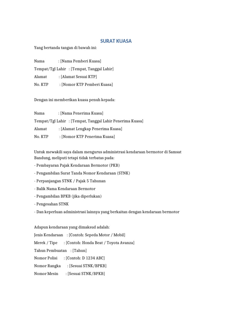 Surat Kuasa Samsat Bandung | PDF