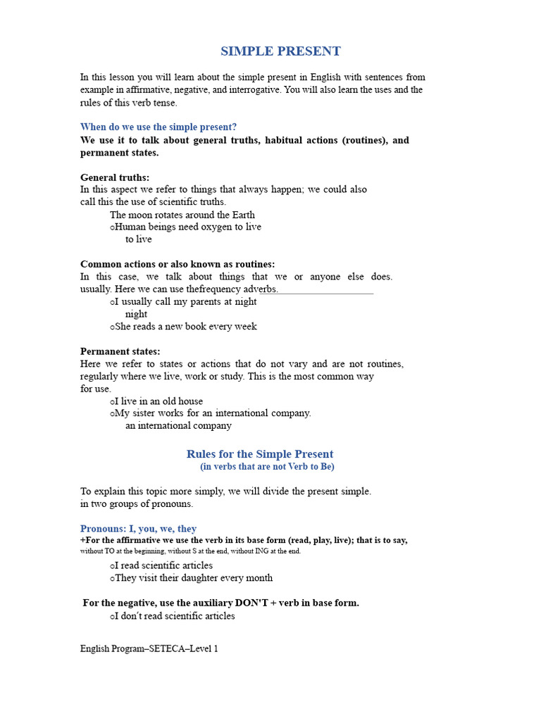 SIMPLE PRESENT - Explanation | PDF | English Language | Grammatical ...