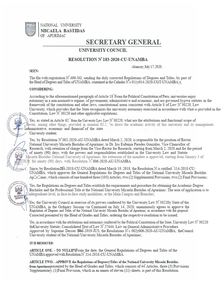 Regulation of Degrees and Titles UNAMBA | PDF | Academic Degree | Thesis