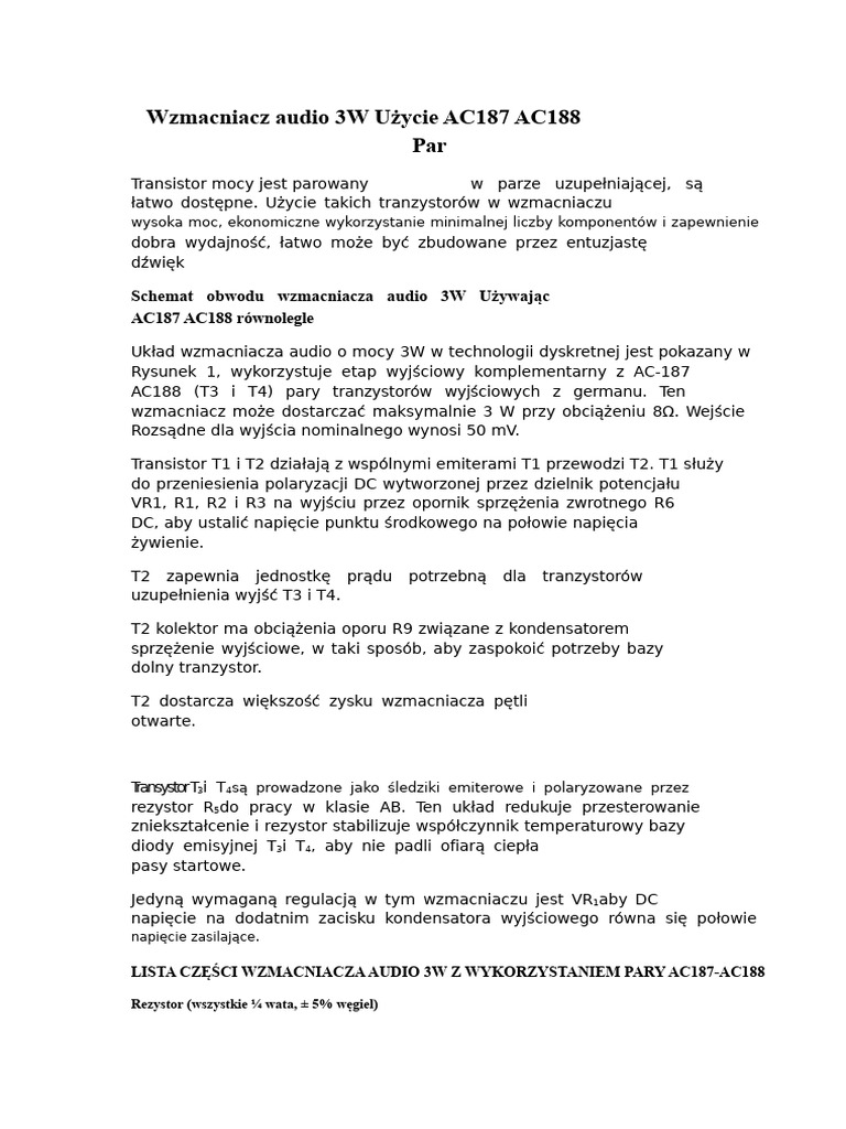 Wzmacniacz Audio 3W Użycie AC187 AC188 | PDF