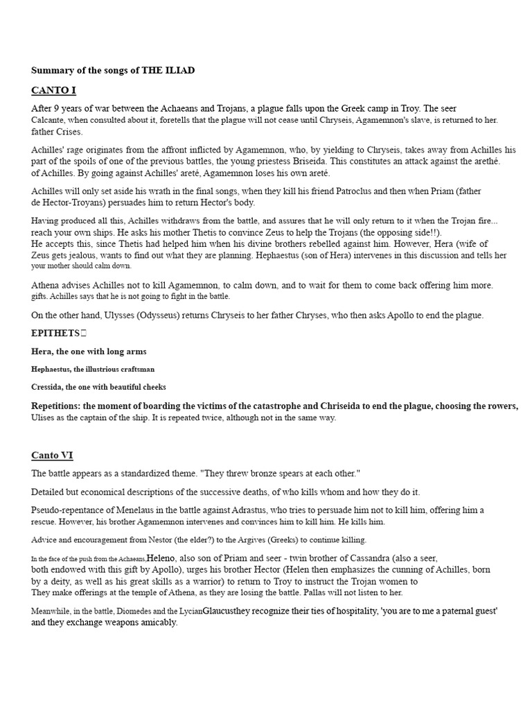 Summary of The Songs of THE ILIAD | PDF | Hector | Achilles