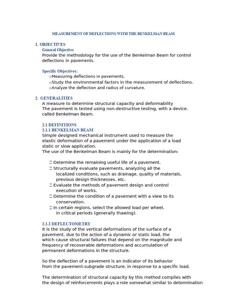 Benkelman Beam Deflection Measurement Guide | PDF | Road Surface ...