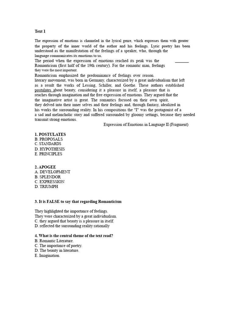Questions Test of First Romanticism | PDF | Romanticism | Emotions