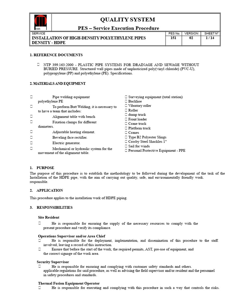 PES 151 Installation of HDPE Pipes | PDF | Pipe (Fluid Conveyance ...