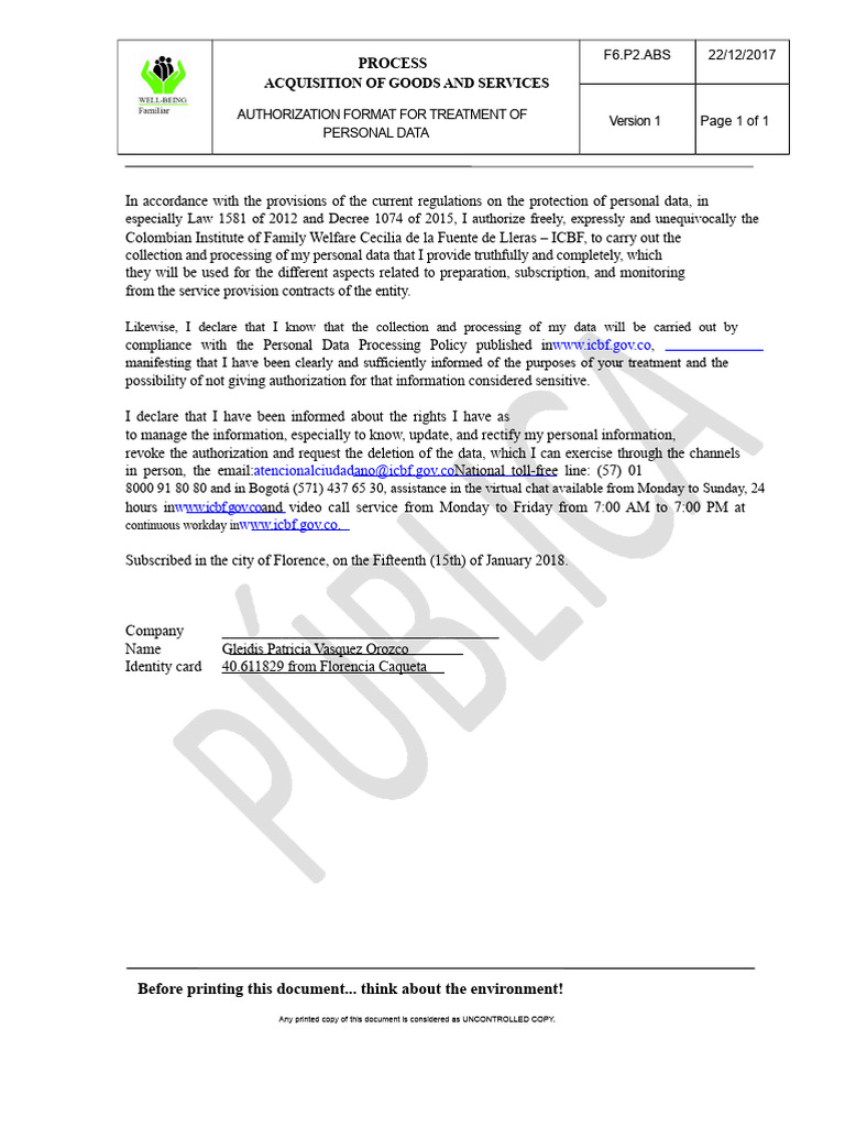 Authorization - Format - For - Personal - Data - Processing - Against - Ok | PDF