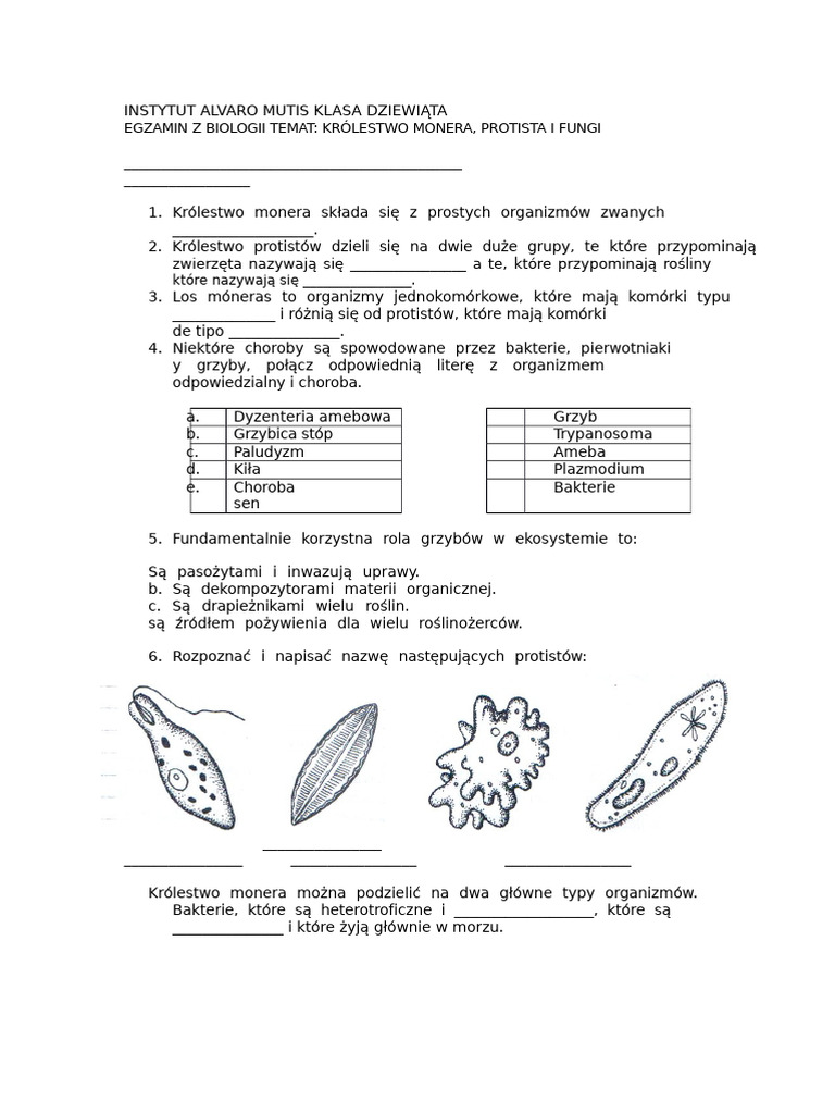 Egzamin Protisty Monery I Grzyby Klasa Dziewiąta | PDF