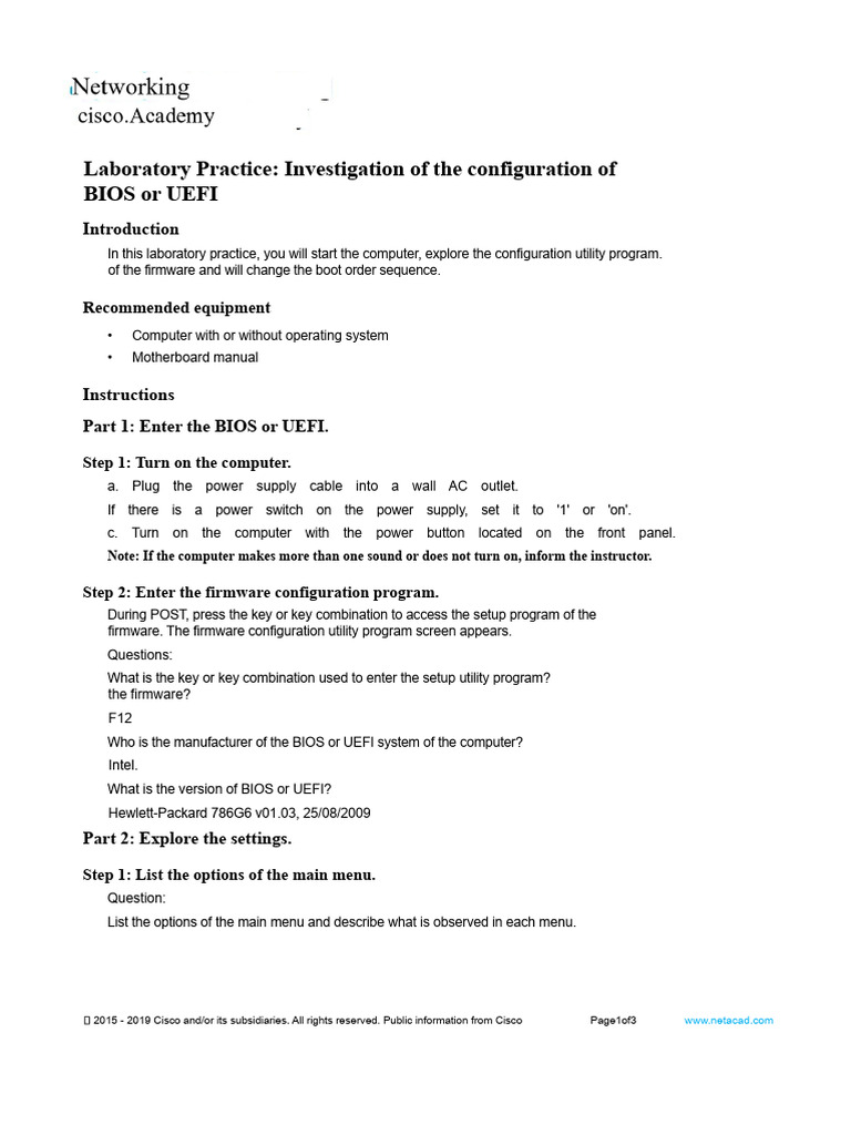 3.1.1.6 Lab - Investigate BIOS or UEFI Settings PDF | PDF | Bios | Booting