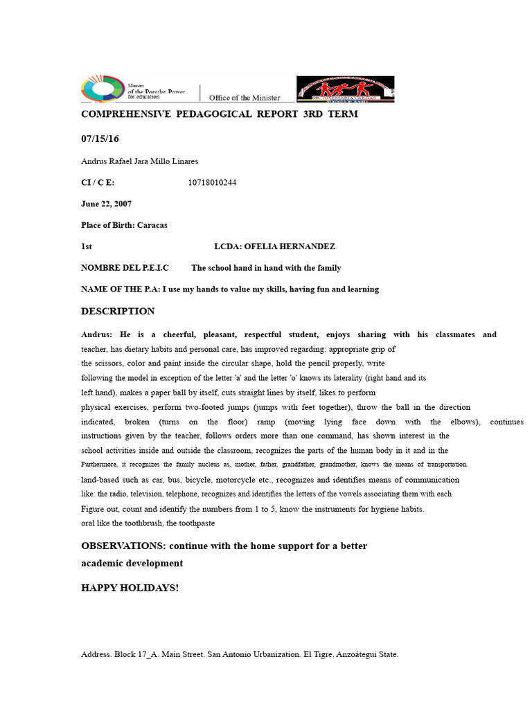 3rd Term Reports (1st Grade) | PDF | Learning