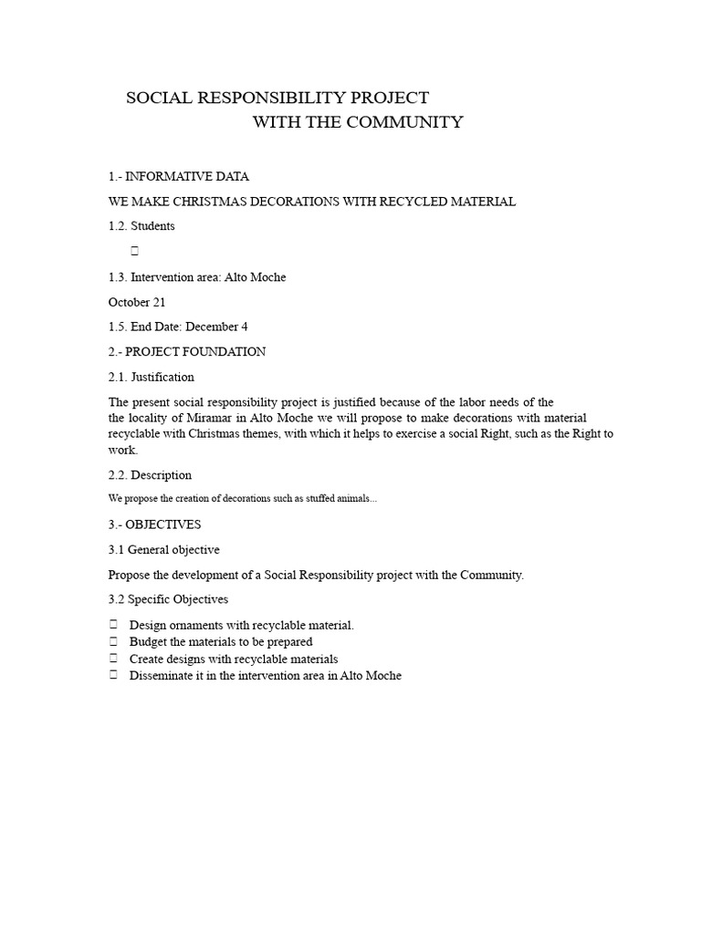 Social Responsibility Project Outline With The Community | PDF