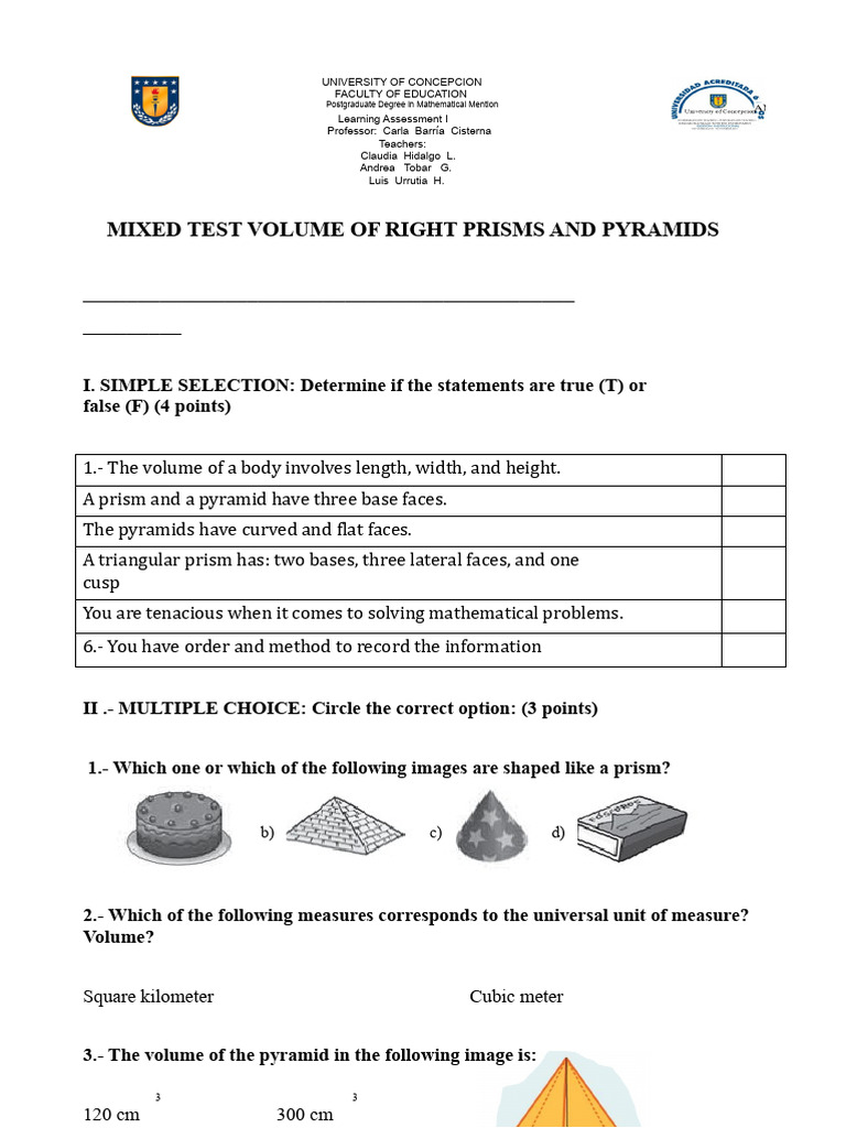 Volume of Right Prisms and Pyramids Test | PDF | Volume | Multiple Choice