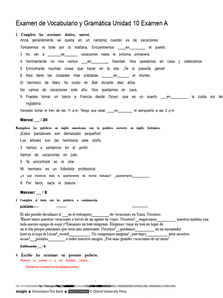 Examen de Vocabulario y Gramática 10A | PDF