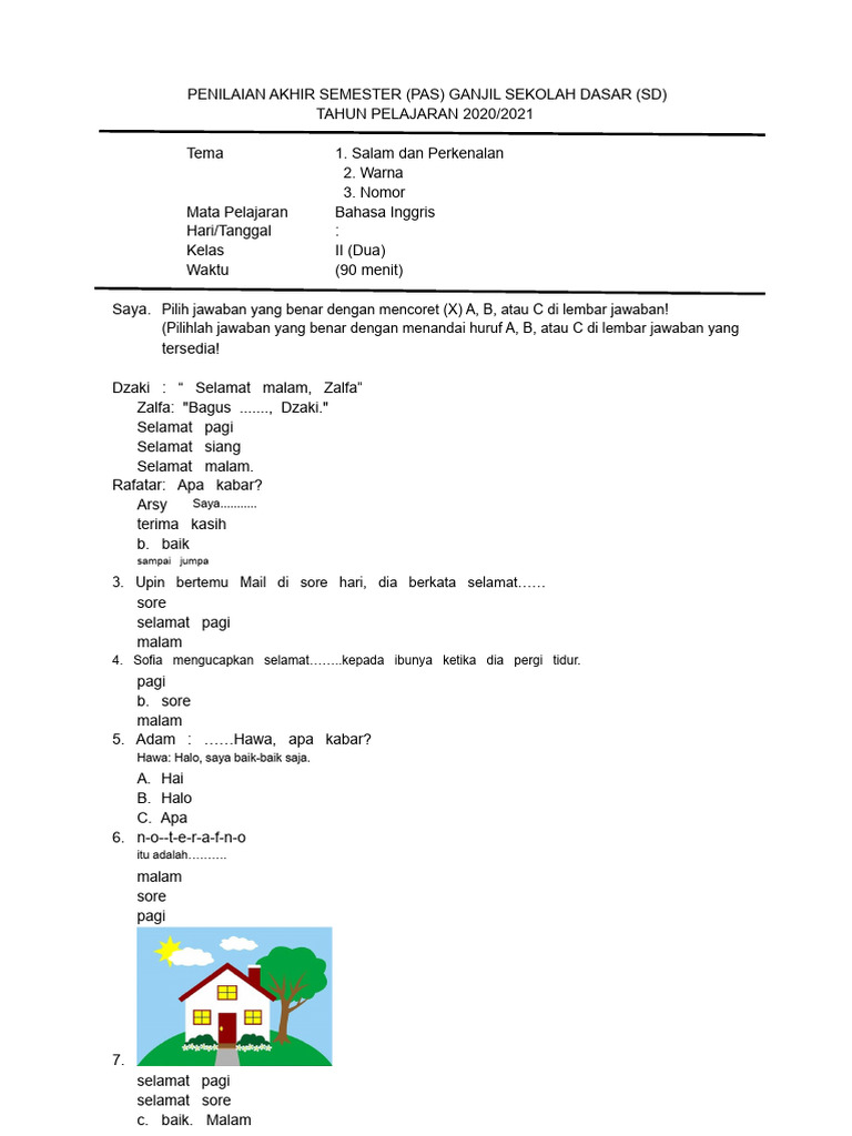 Soal PAS Ganjil Bahasa Inggris Kelas 2 2020-2021 | PDF