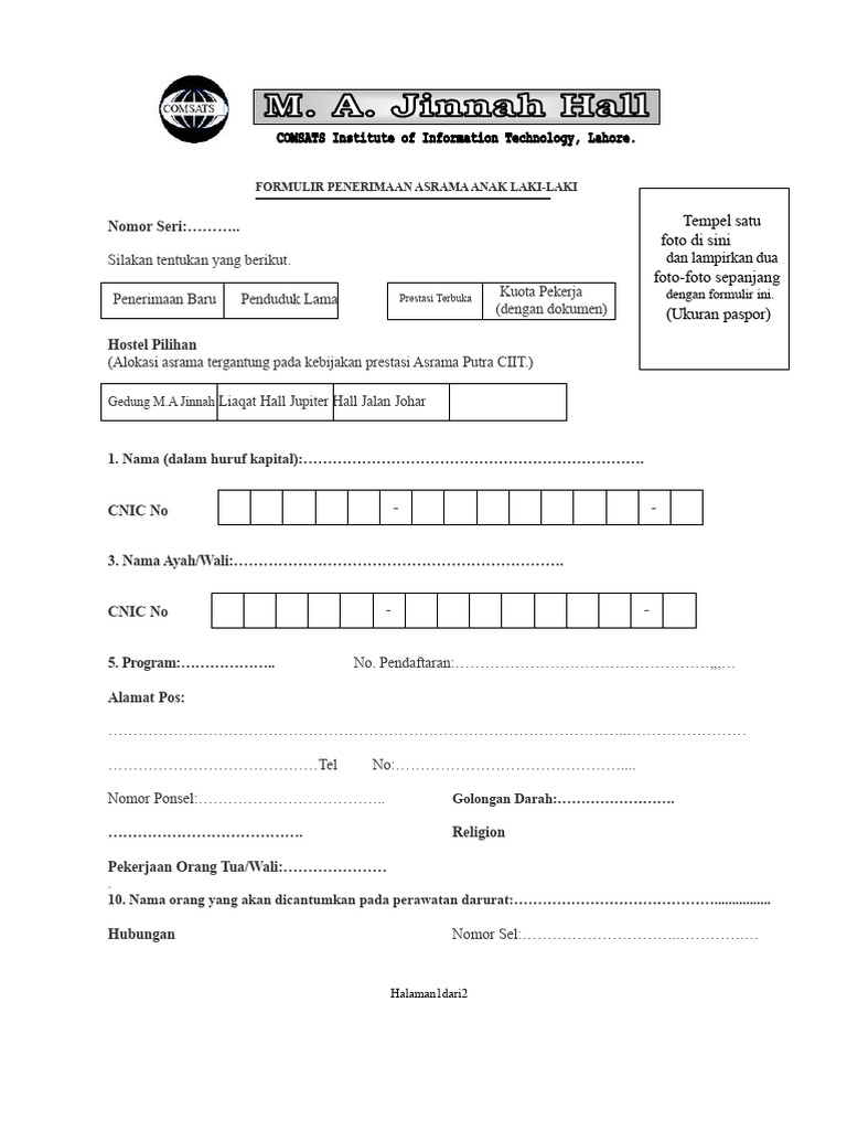 Formulir Pendaftaran Asrama Putra | PDF