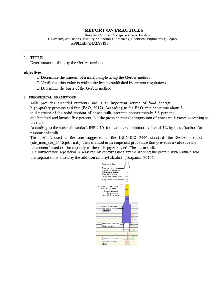 Gerber Method for Milk Fat Analysis | PDF | Milk | Chemistry