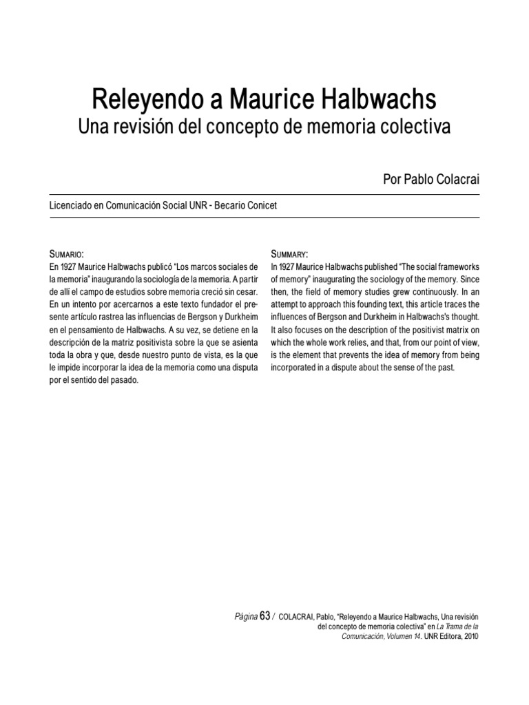 14-Pablo Colacrai-Releyendo A Maurice Halbwachs | PDF | Memoria | Habla