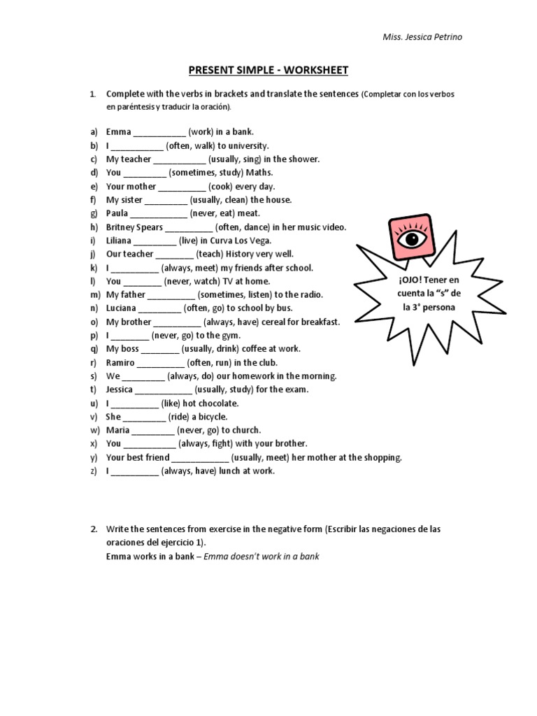 Present Simple - Worksheet: 1. (Completar Con Los Verbos en Paréntesis ...