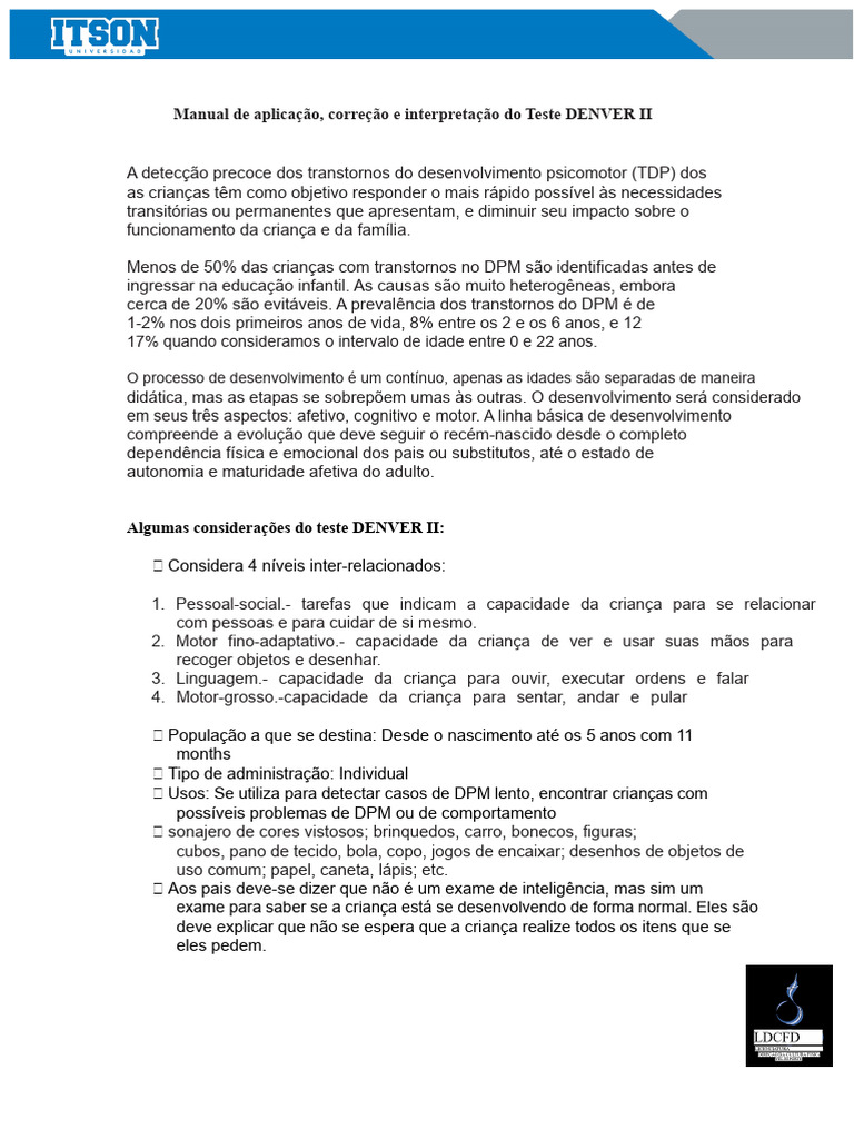 Manual do Teste DENVER II para Desenvolvimento Infantil | PDF