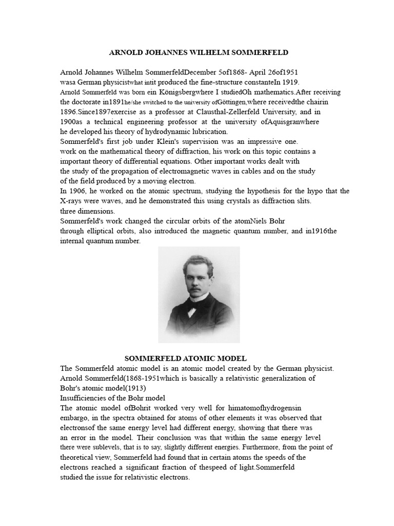 Arnold Sommerfeld's Atomic Model | PDF | Electron | Energy Level