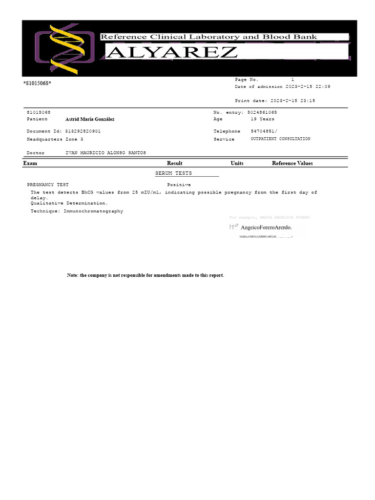 Pregnancy Test Alvarez Laboratory | PDF