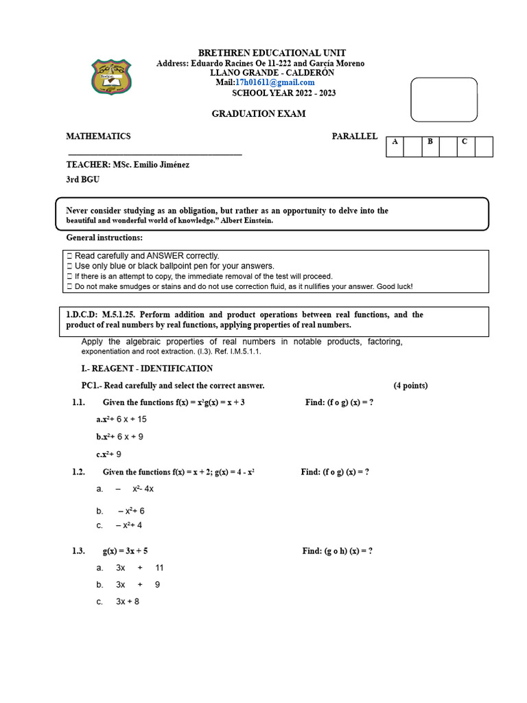 QUESTIONNAIRE GRADUATION EXAM 3rd Mathematics | PDF | Function ...